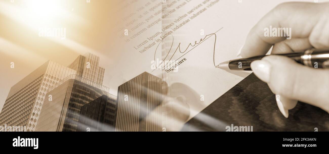 Female hand signing a contract; multiple exposure Stock Photo - Alamy
