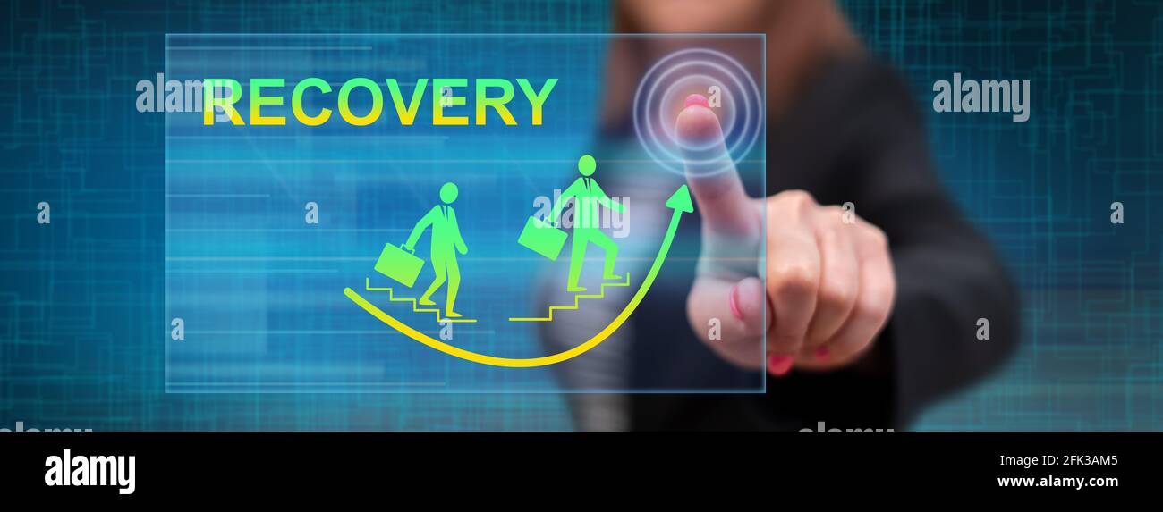 Woman touching a recovery concept on a touch screen with her finger ...