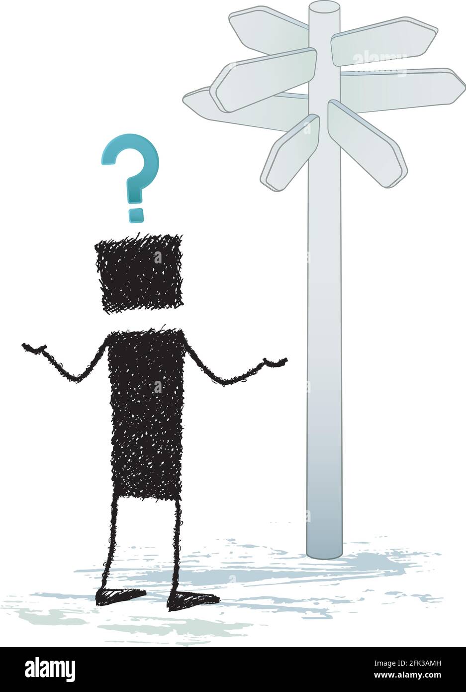 A stick figure stands before a crossroads signal. He does not know ...
