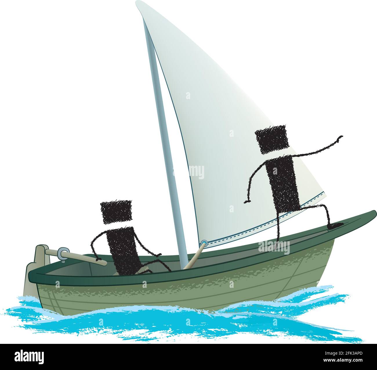 Two stick figures sail on a sailboat. One handles the helm, the other ...
