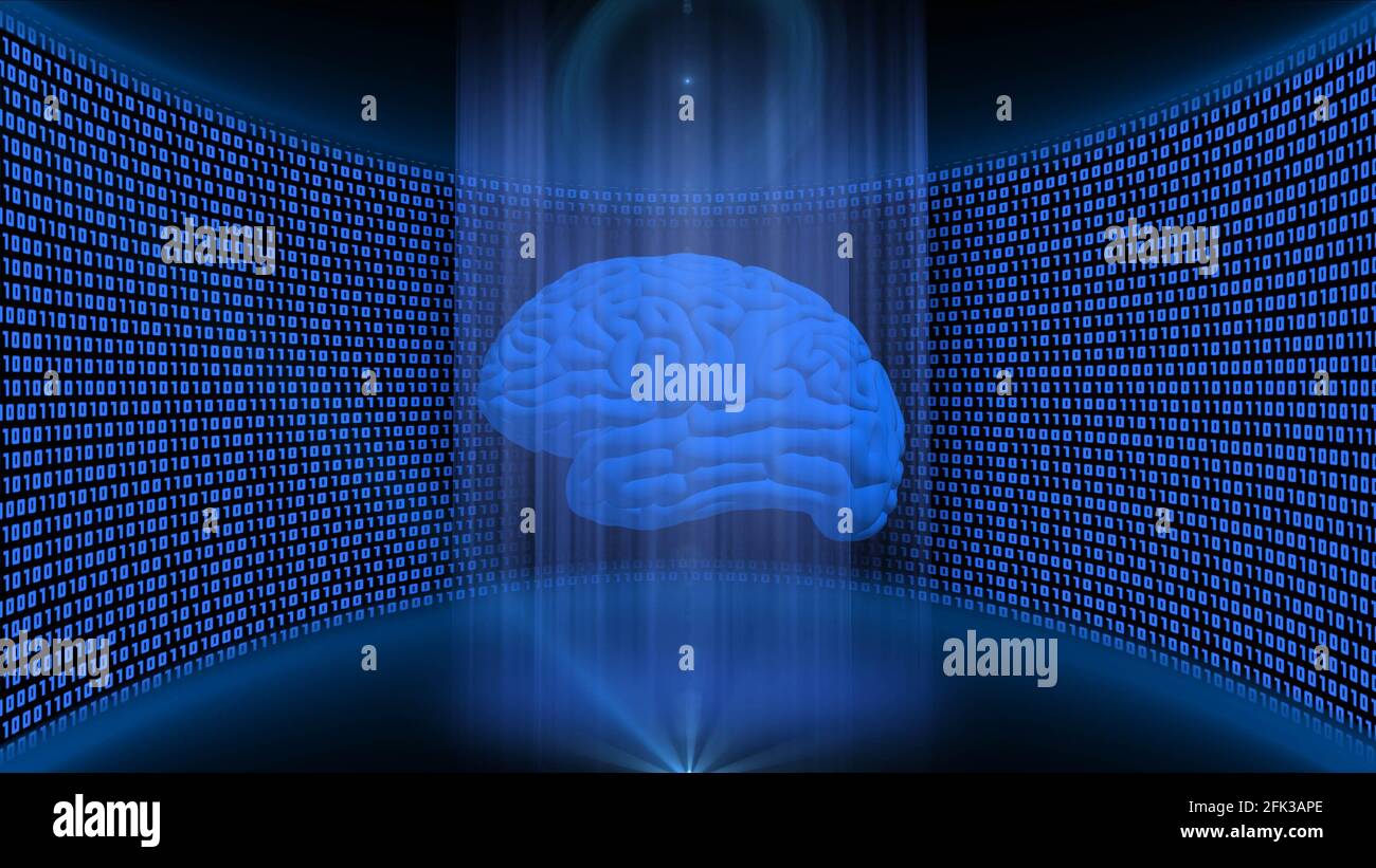 Abstract data flow background in blue color - shining light beam in cylinder form with floating ...