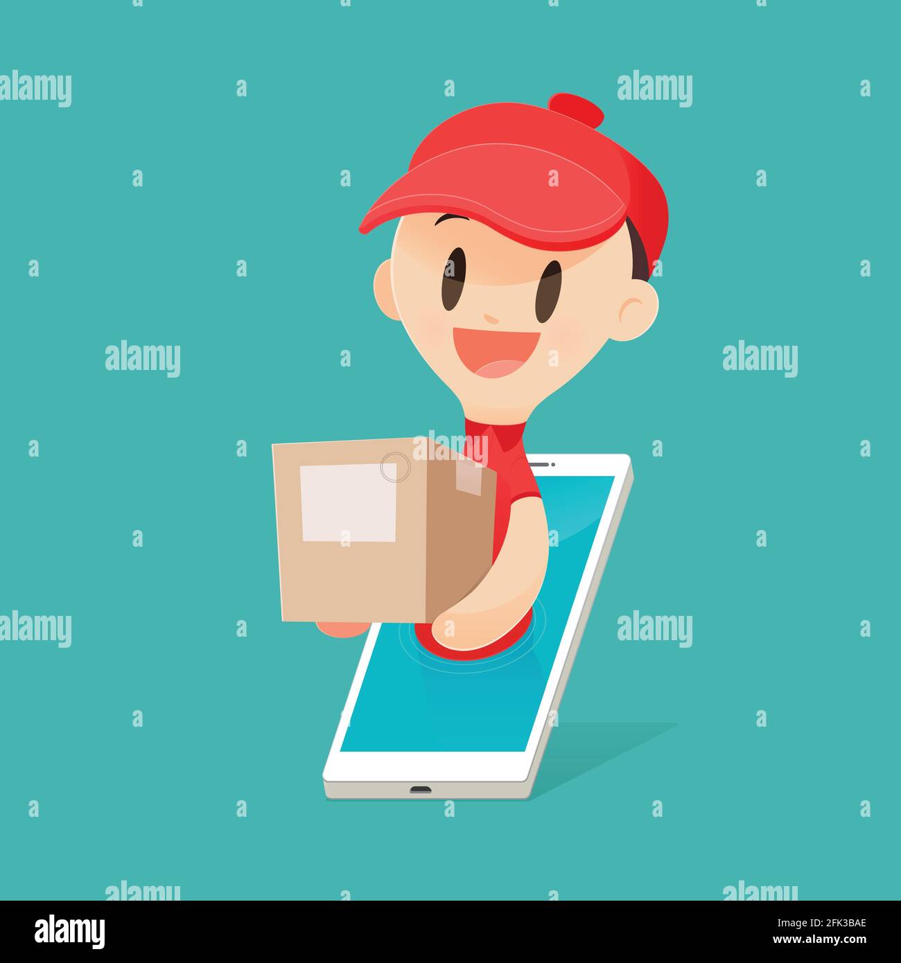 Cartoon Delivery Man Brings A Goods To A Customer From Smartphone ...