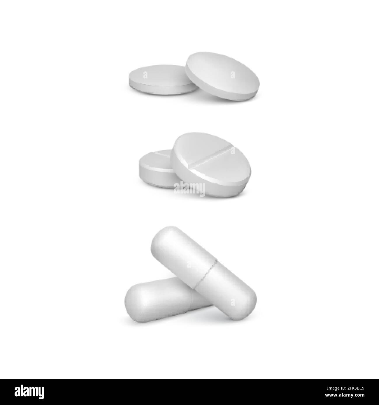 Set of realistic white pills. 3d render medicine drugs or vitamins ...