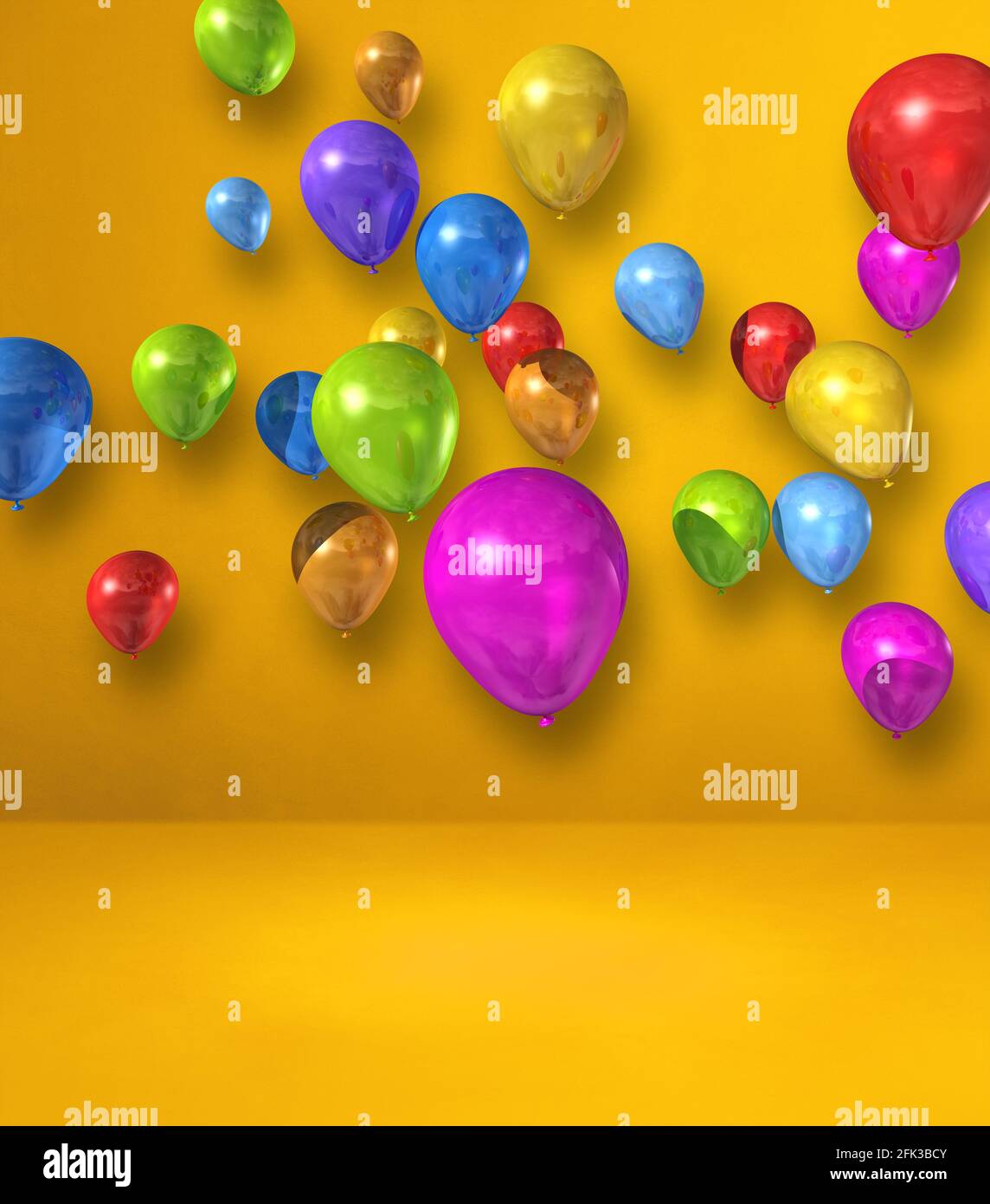 Colorful balloons group on a yellow wall background. 3D illustration ...