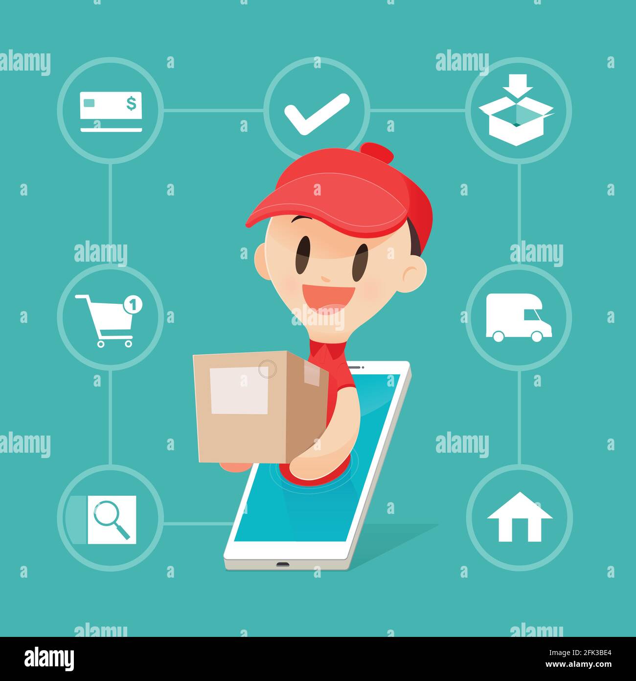 Cartoon Delivery Man Brings A Goods To A Customer From Smartphone ...