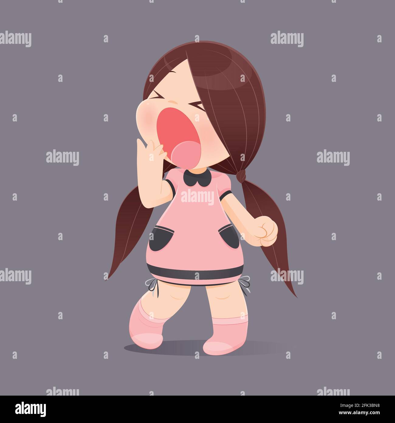 Cartoon Girl Yawning Against Gray Background, Sleepy, Vector ...