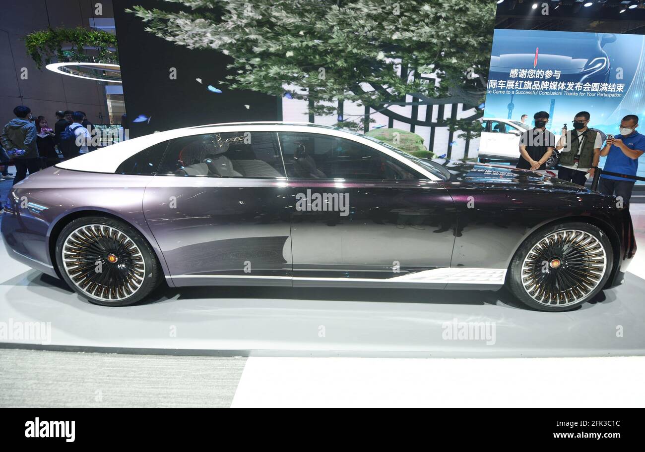 SHANGHAI, CHINA - APRIL 19, 2021 - Visitors look at a Red Flag L ...
