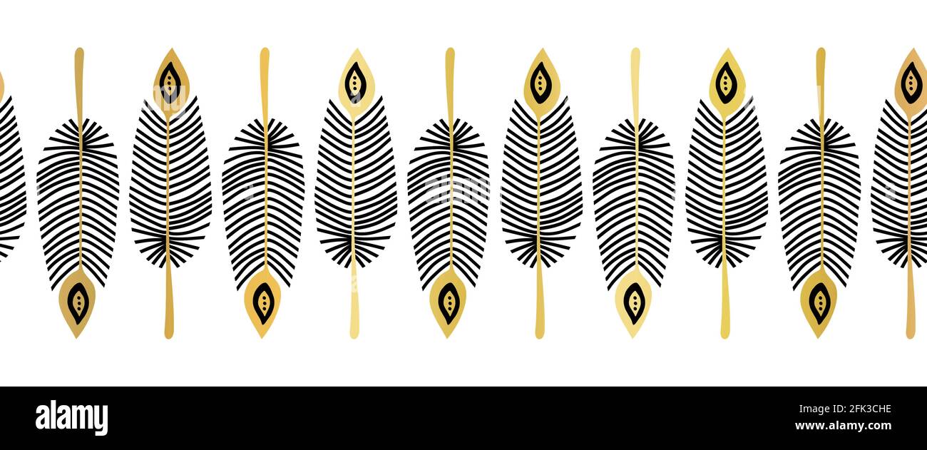 Seamless vector border feathers black gold. Repeating horizontal ...