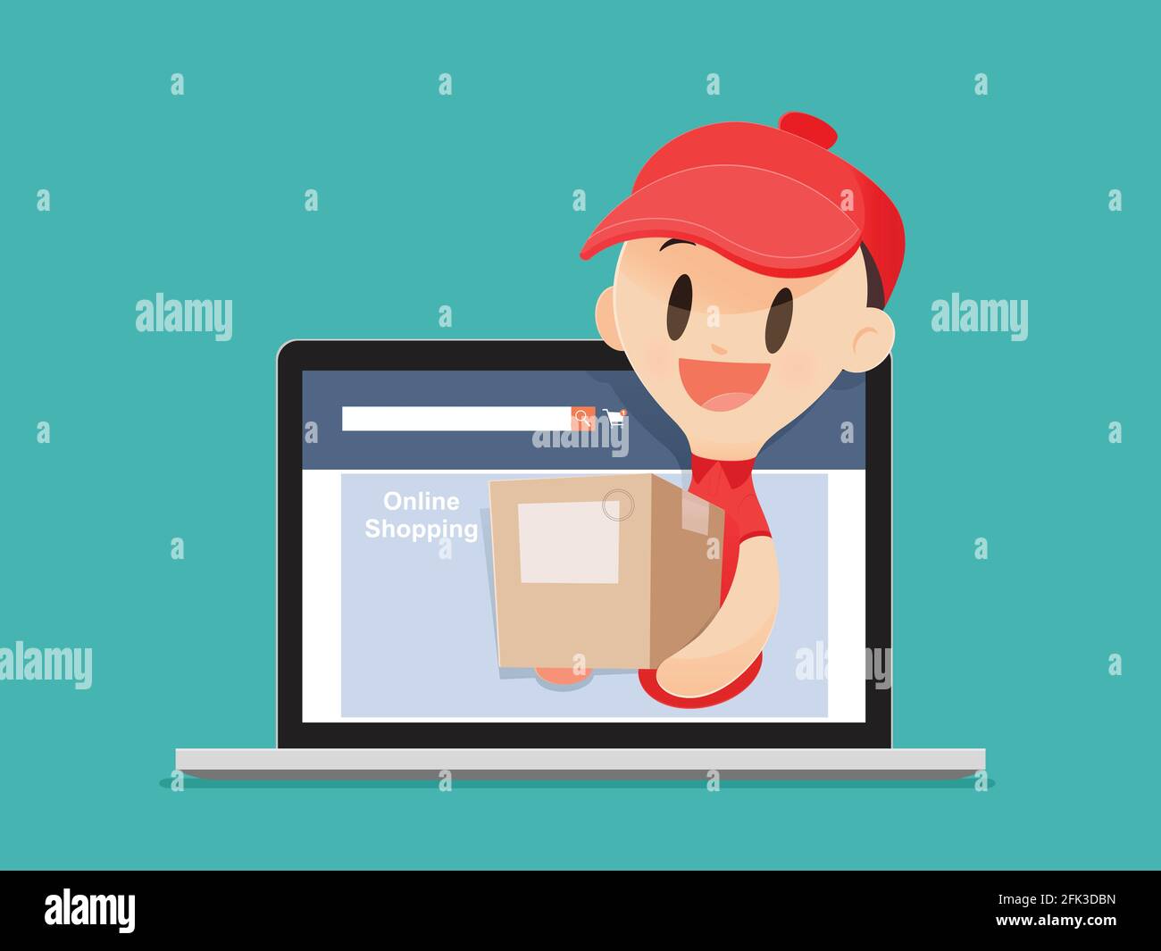 Cartoon Delivery Man Brings A Goods To A Customer From Laptop, Vector ...