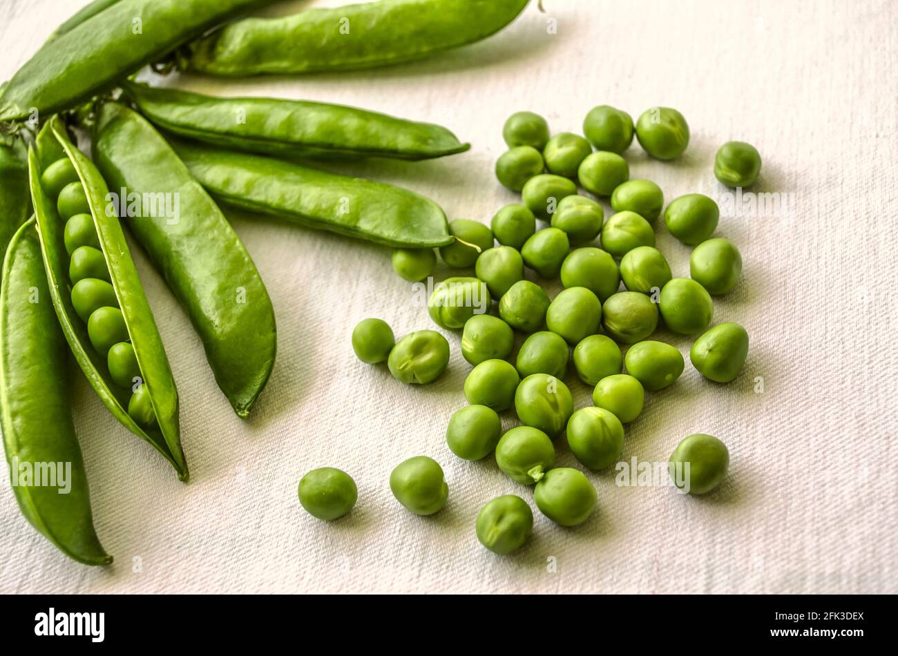 Ripe green pea seeds with a group of unopened pods in the corner on a ...