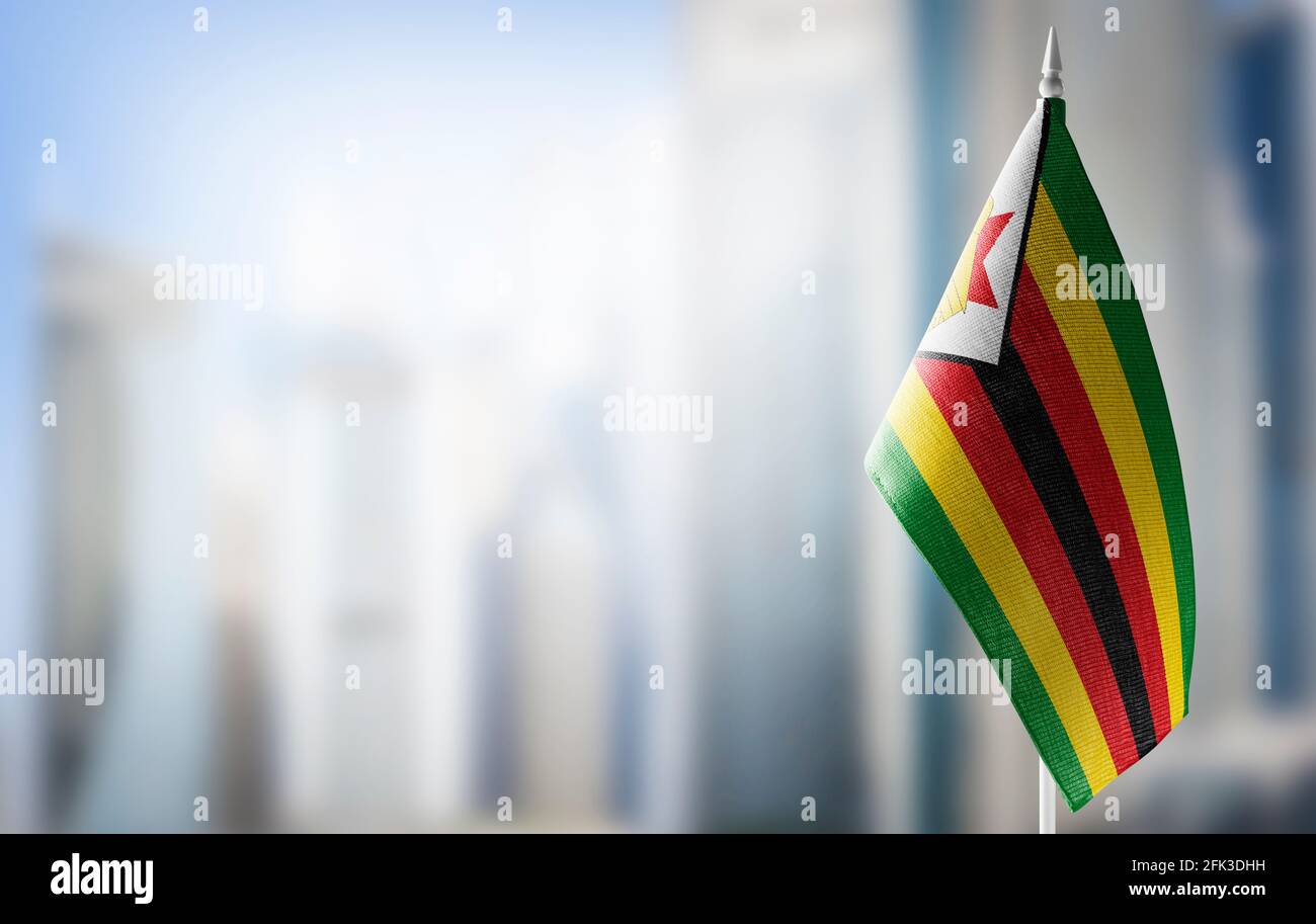 A small flag of Zimbabwe on the background of a blurred background ...