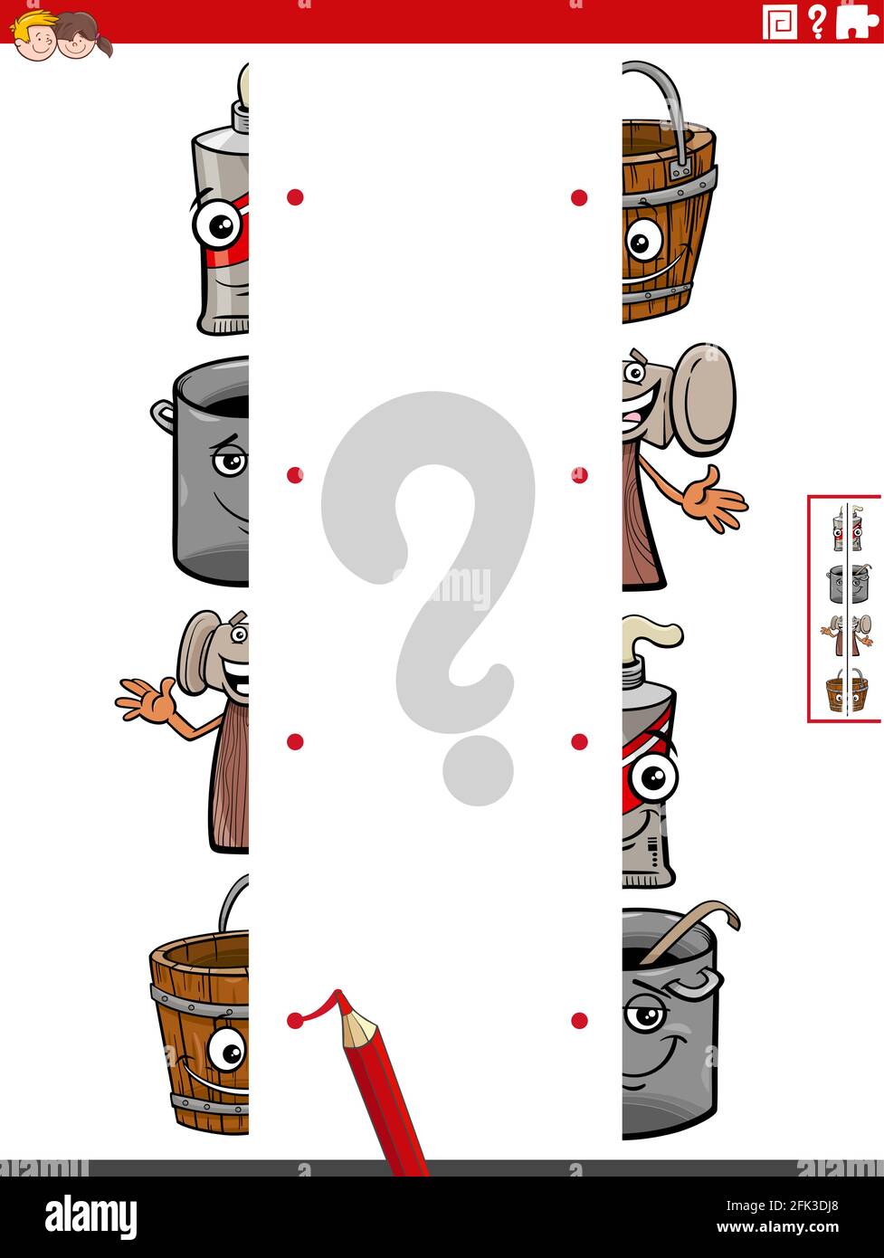 Cartoon illustration of educational game of matching halves of pictures ...