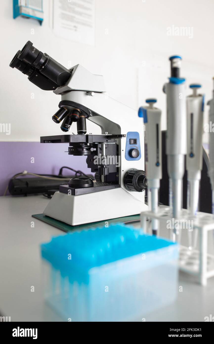 Microscope on the table in the laboratory, the technology of scientific ...