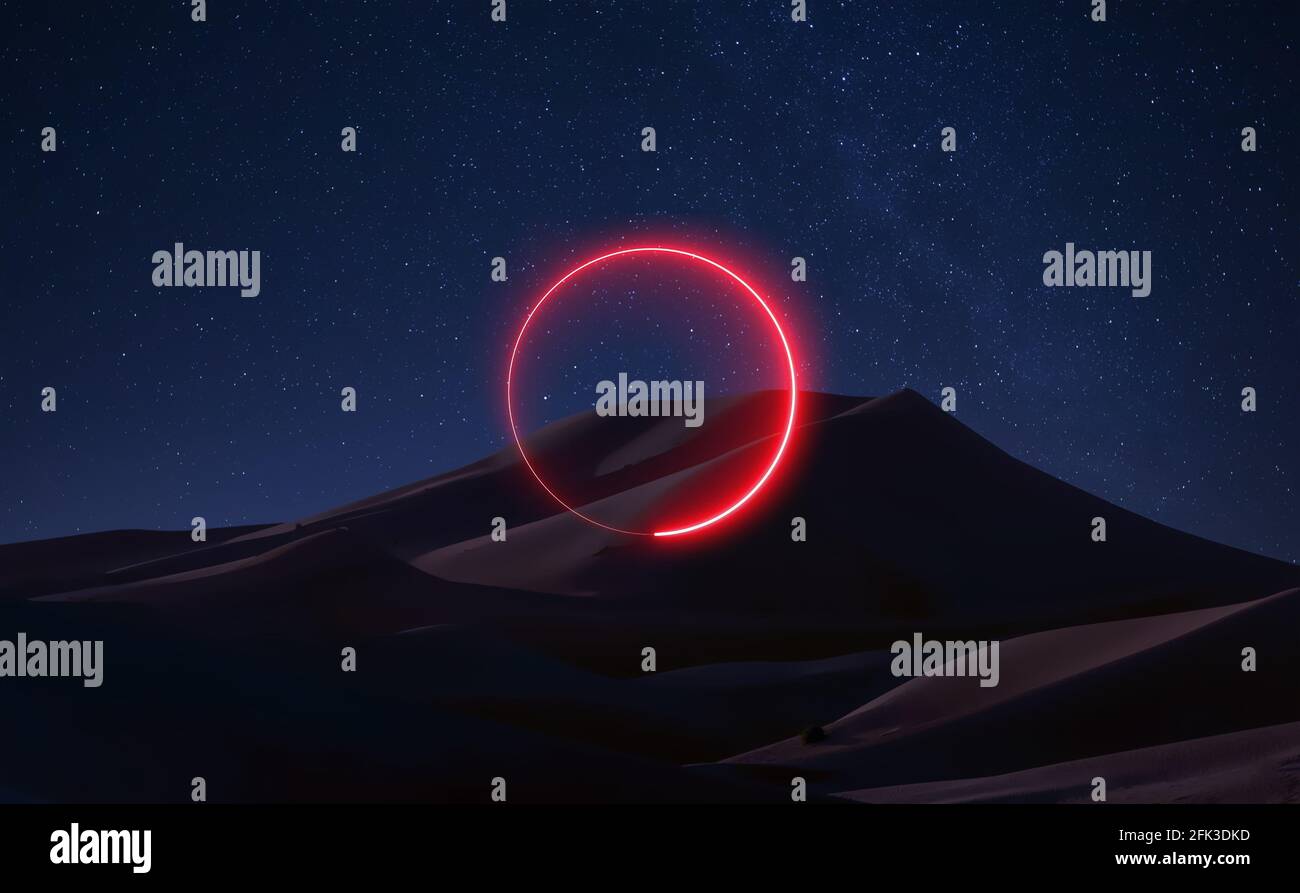 The planet Mars. Fantastic landscape Space sky, reflection of neon ...