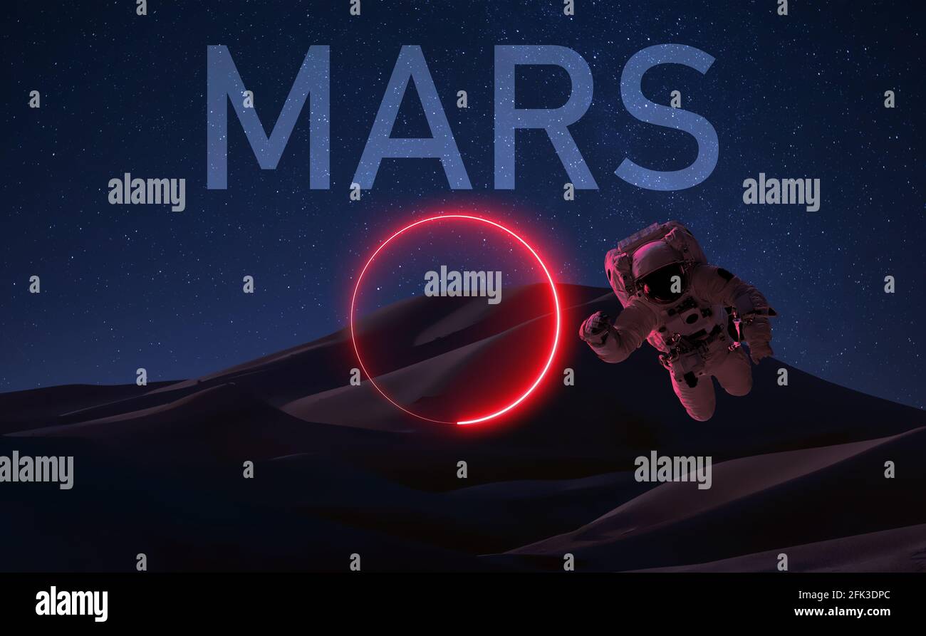 The planet Mars. Fantastic landscape Space sky, reflection of neon ...