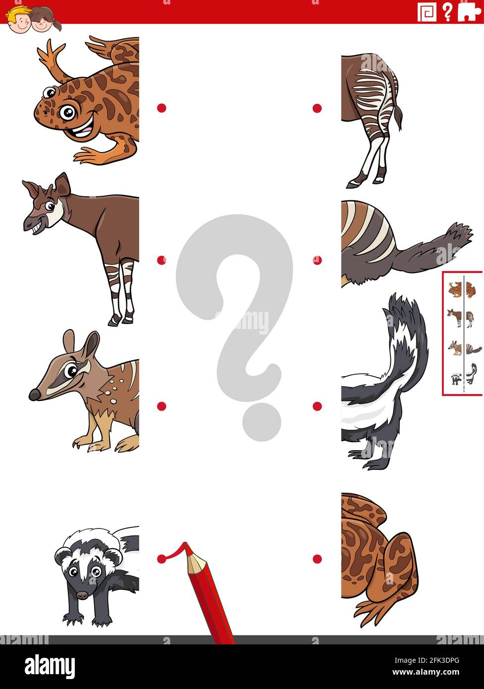 Cartoon illustration of educational game of matching halves of pictures ...