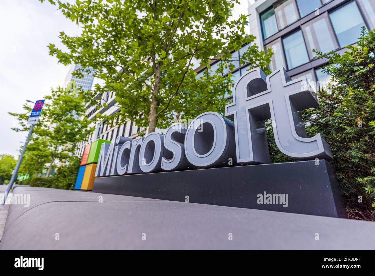 MUNICH, GERMANY - AUGUST 16, 2020: Microsoft logo at the company office ...