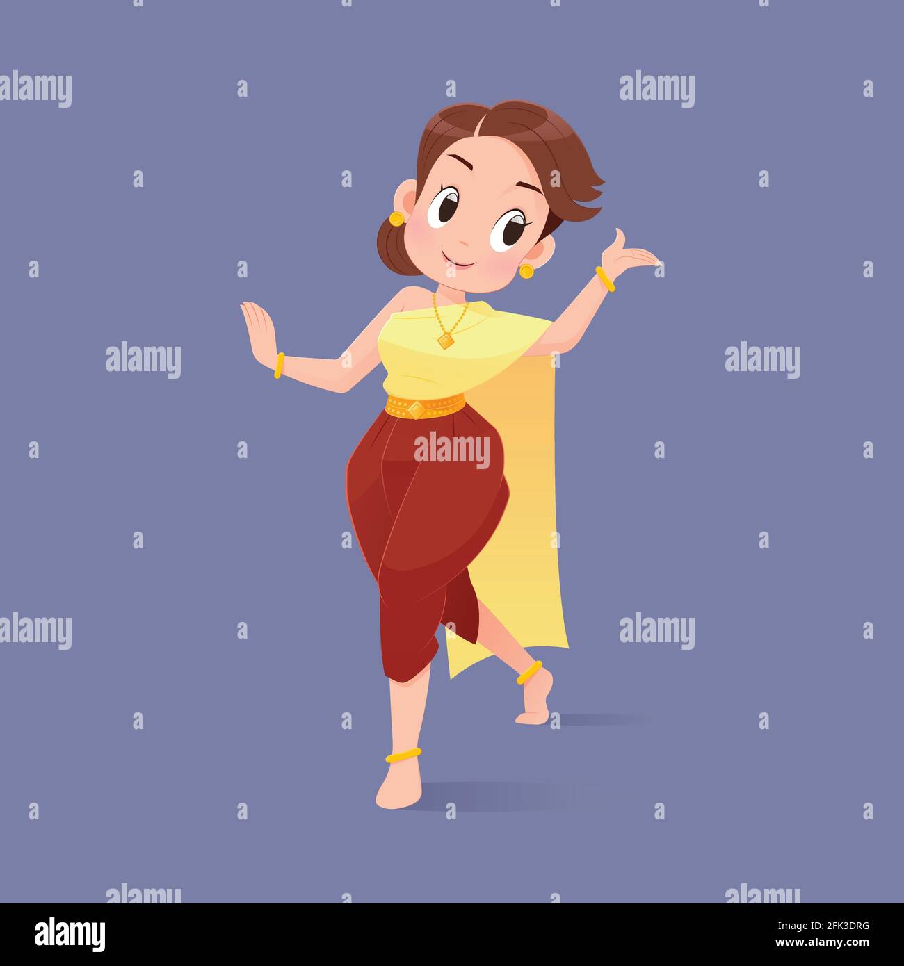 Cartoon Woman Thai Dance, Traditional Dance Of Thailand, Vector ...