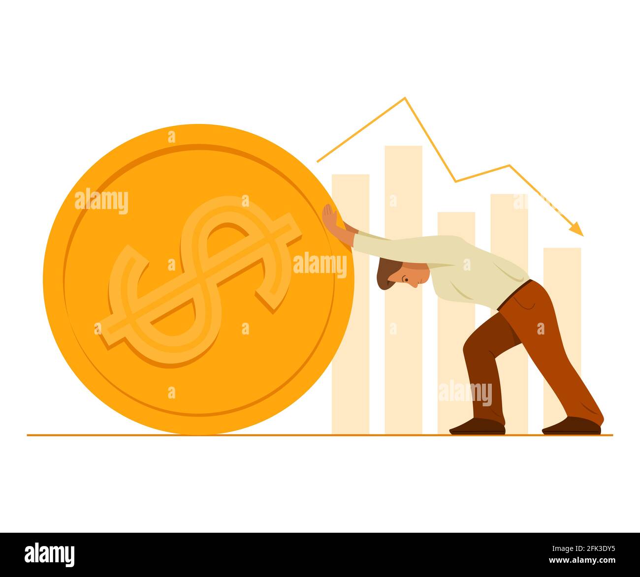 Business Man Push a Big Coin of Dollar Currency and the Bar Charts on ...