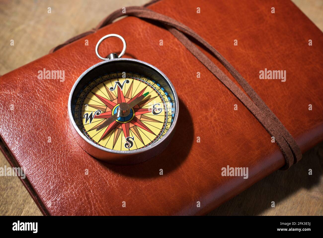Vintage compass on a leather notebook Stock Photo - Alamy