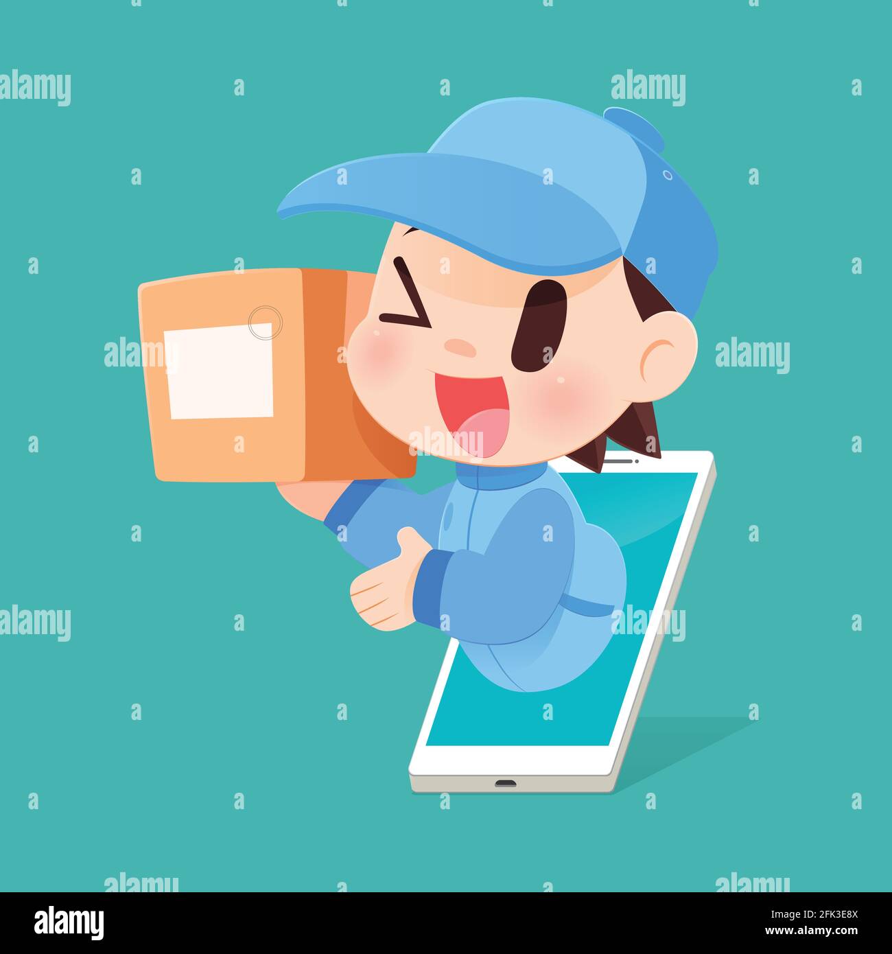 Cartoon Delivery Man Brings A Goods To A Customer From Smartphone ...