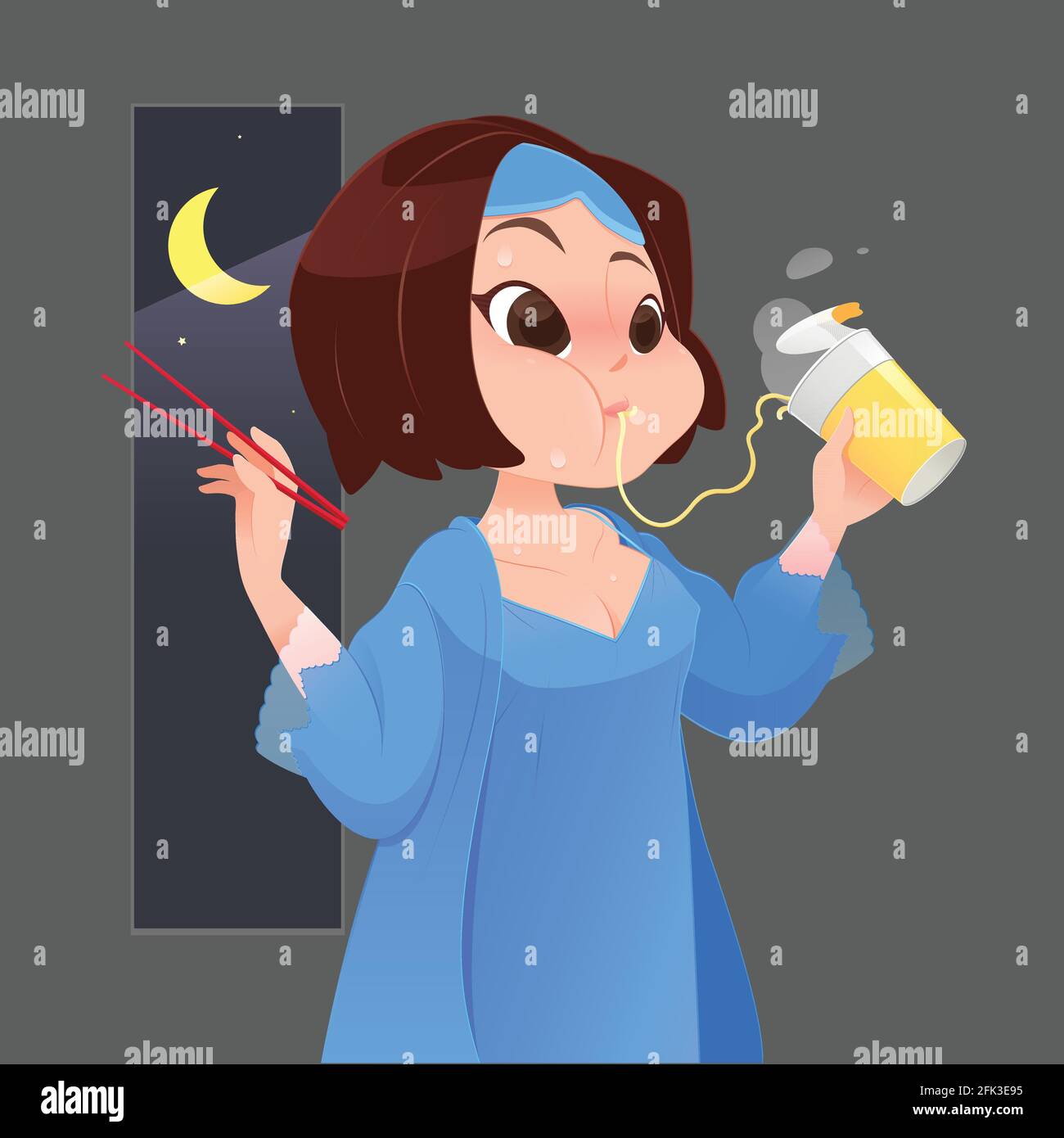 Illustration woman in blue nightgown eating instant noodle in kitchen ...