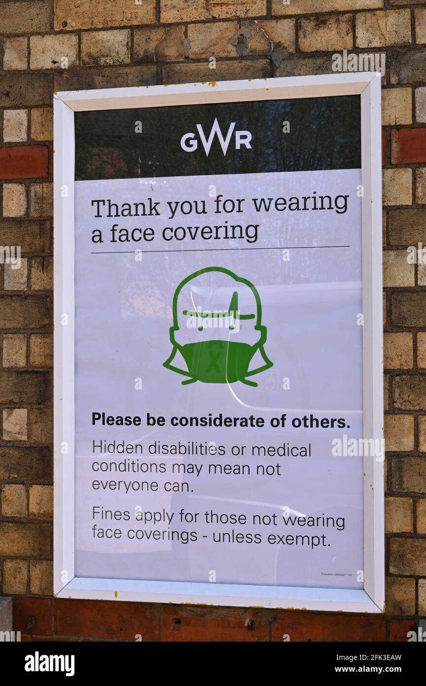 Face covering notice on board at Moreton-in-Marsh, Gloucestershire ...