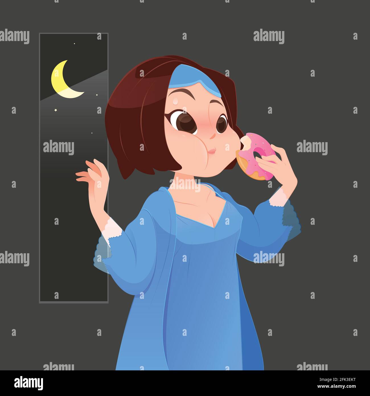 Illustration woman in blue nightgown eating donut in kitchen with ...