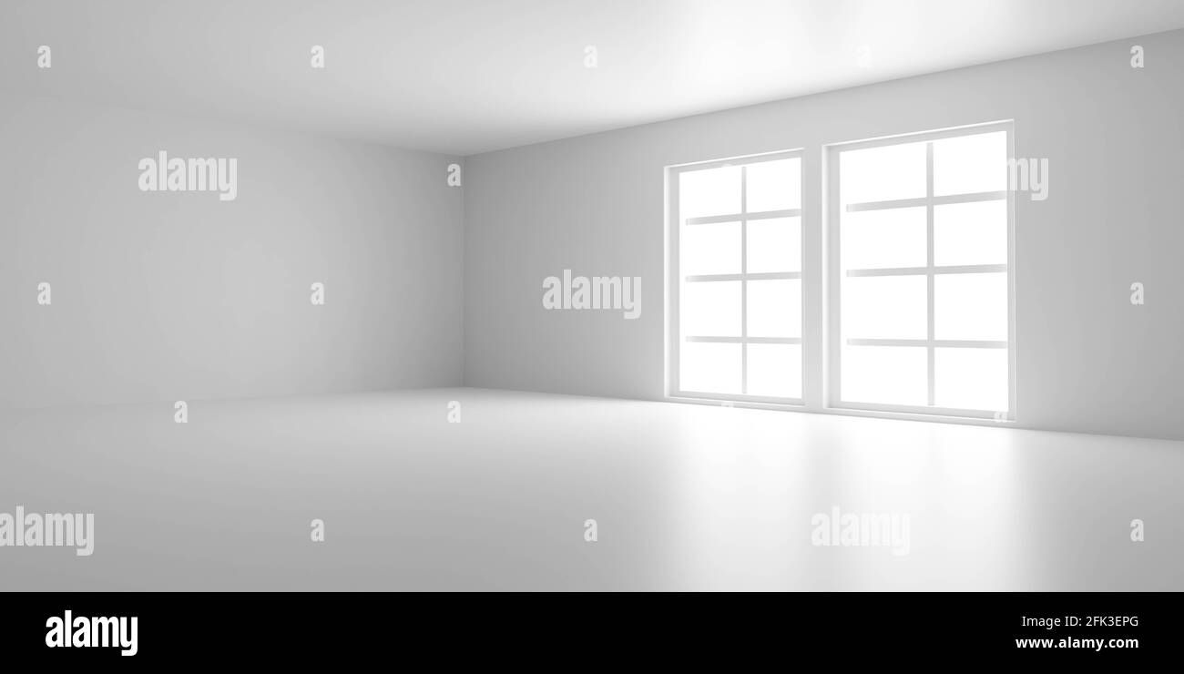 white simple empty room interior with big windows 3d rendere ...