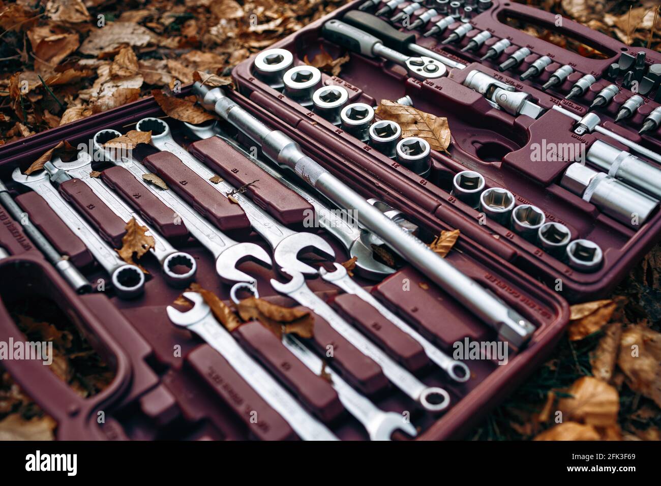 Set of wrenches in a box on forest ground Stock Photo - Alamy
