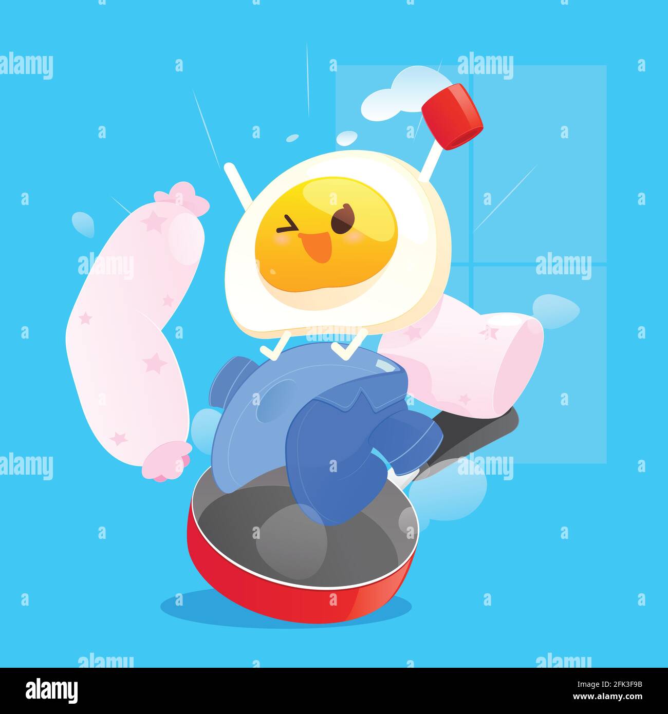 Happy fried egg wake up in the morning against blue background, Good ...