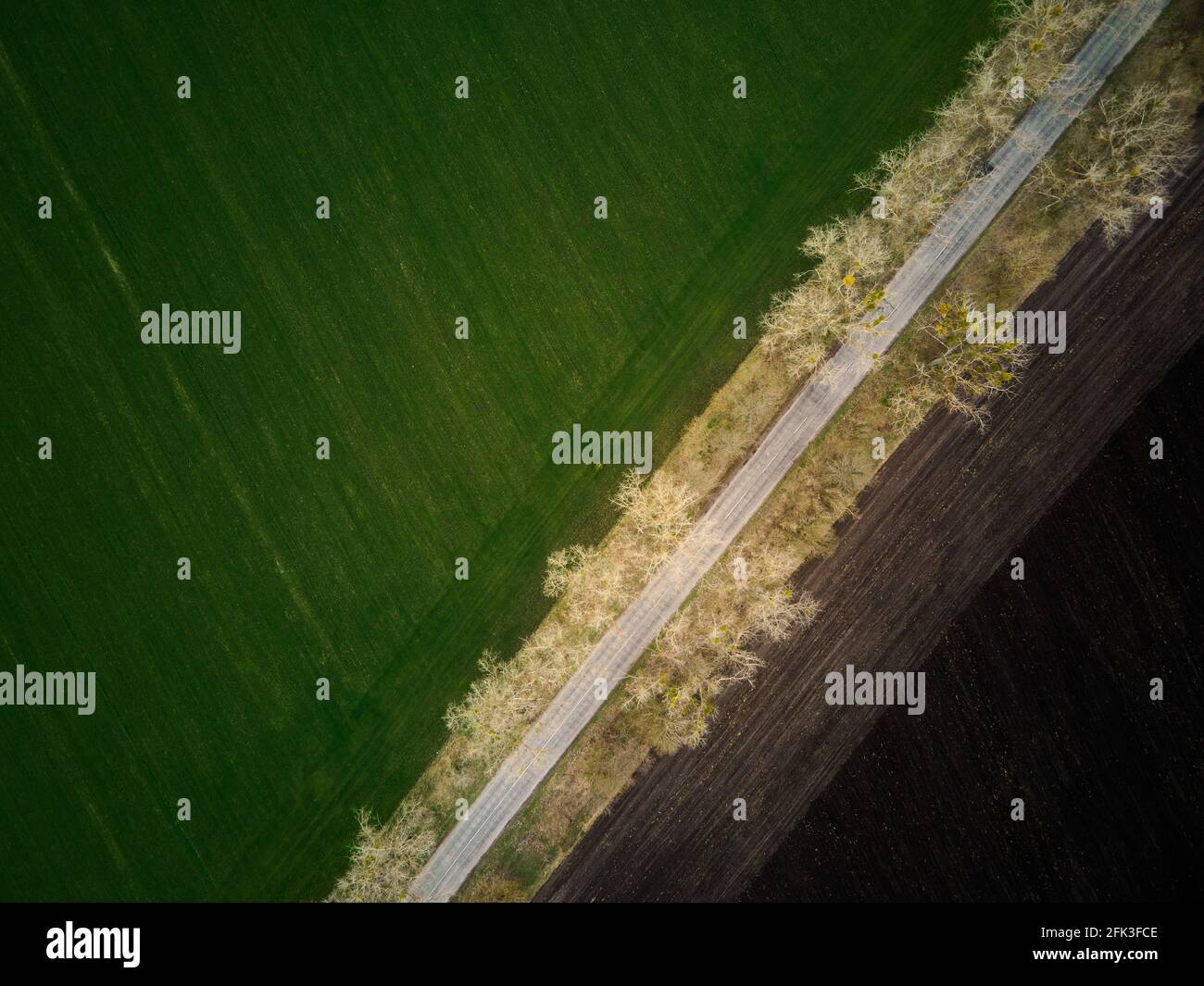 Aerial drone top view flight over ground land road and green field ...