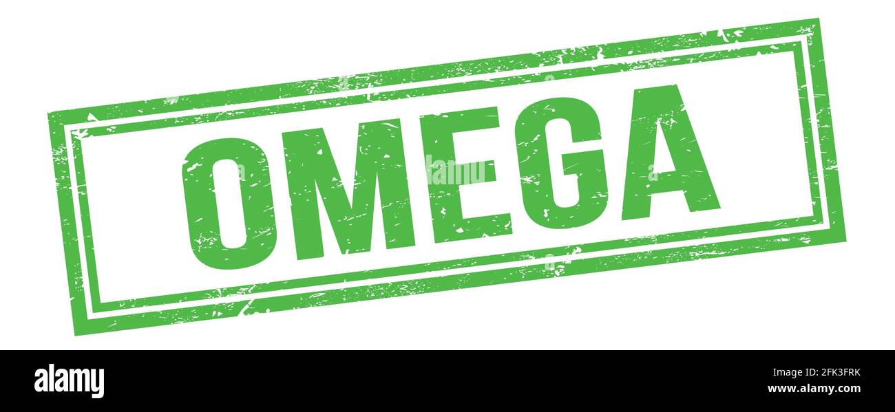 OMEGA text on green grungy vintage rectangle stamp Stock Photo - Alamy