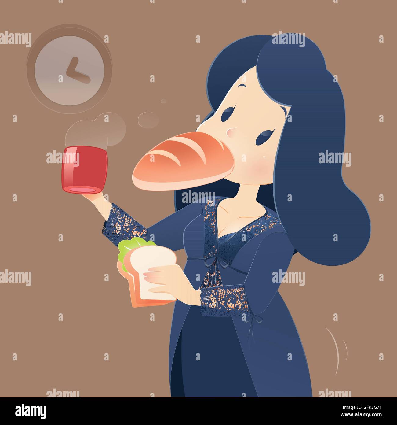 Illustration woman in blue nightgown eating coffee and bread in kitchen ...