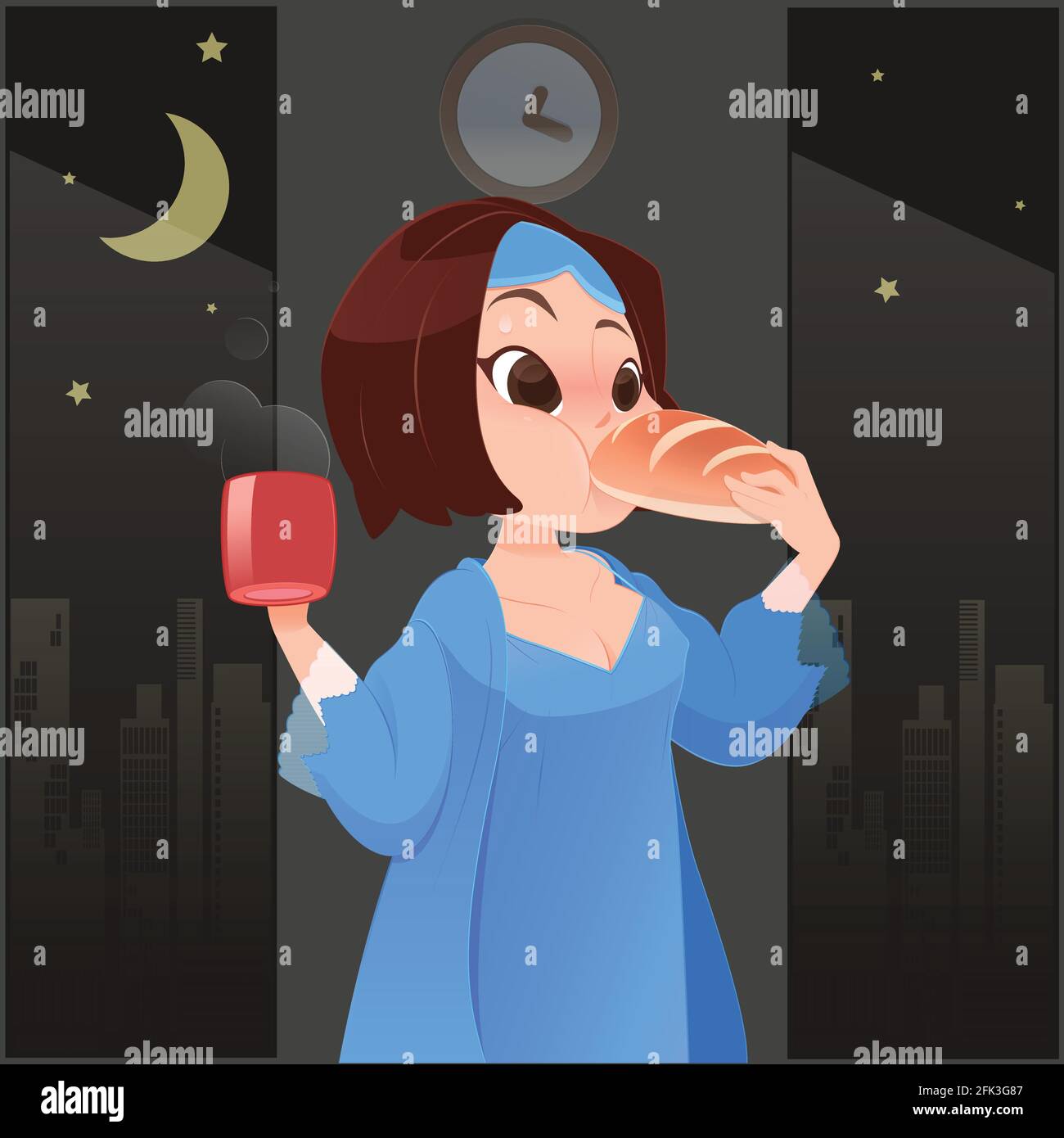 Illustration woman in blue nightgown eating coffee and bread in kitchen ...