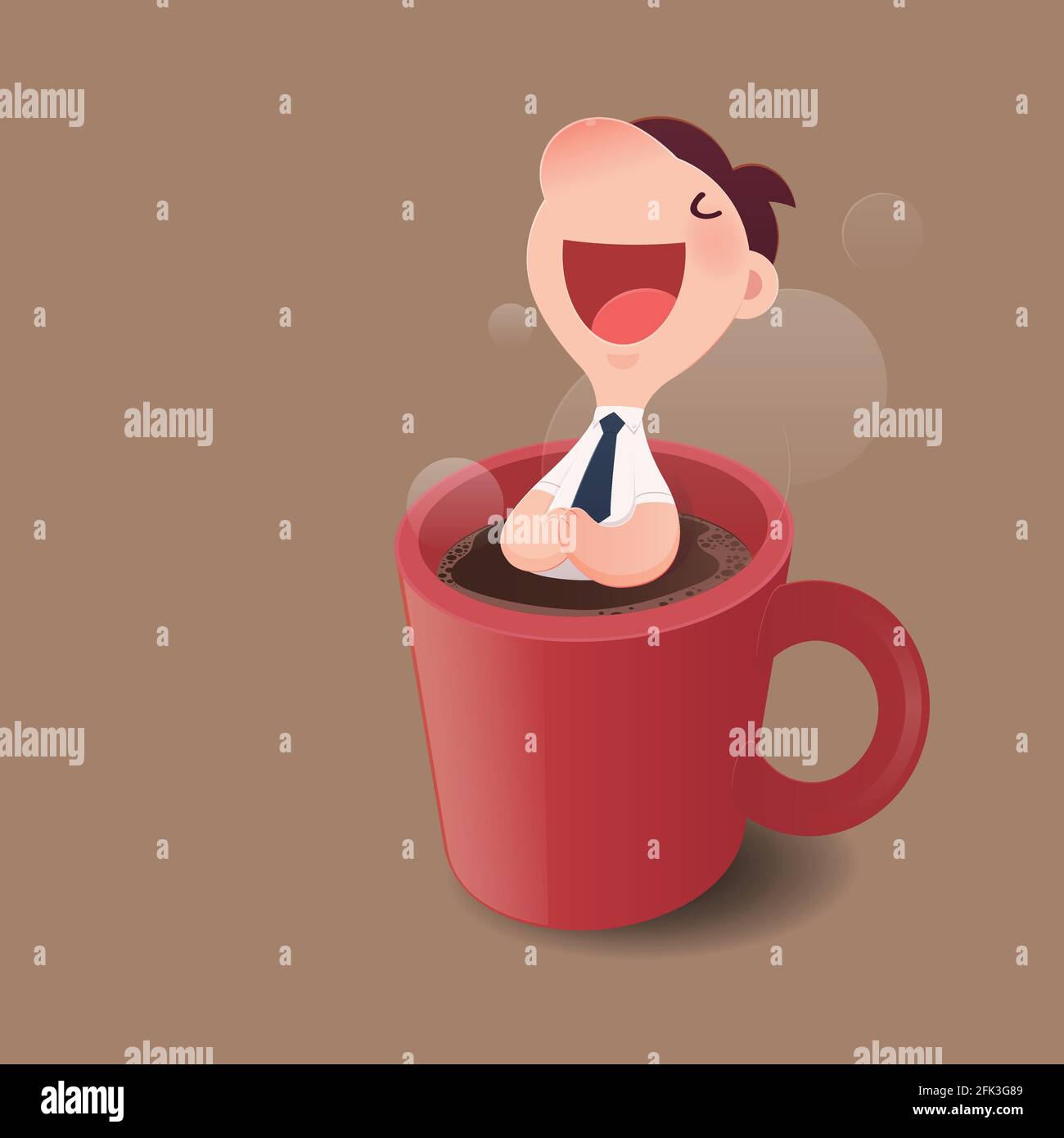 Cartoon character businessman sitting on a red cup of hot coffee. Good ...