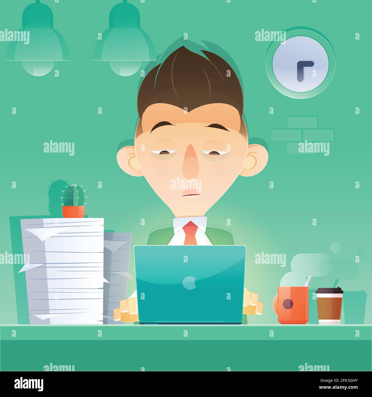 Cartoon businessman working overtime late night in office. Vector and ...