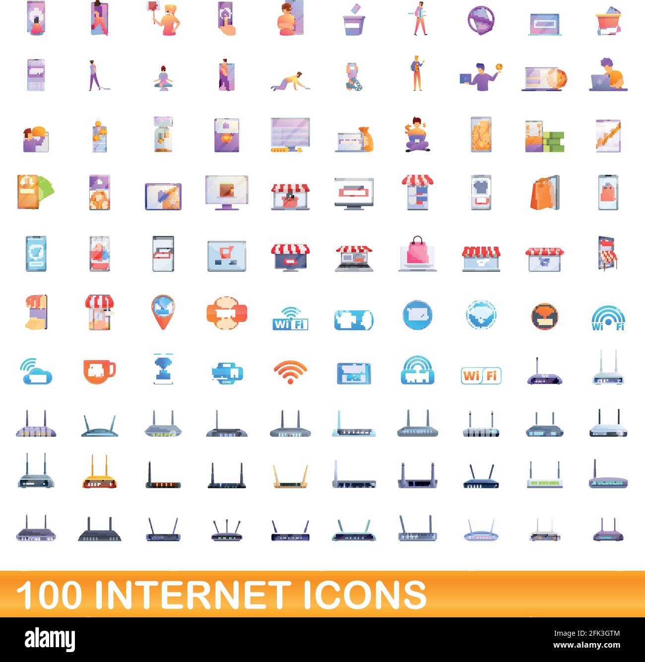 100 internet icons set. Cartoon illustration of 100 internet icons ...
