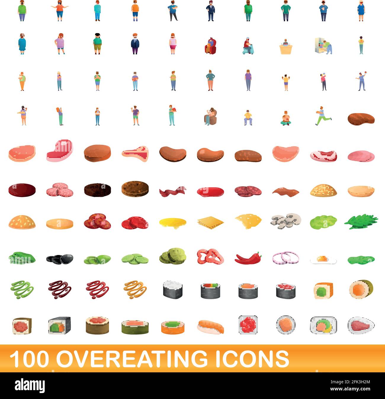 100 overeating icons set. Cartoon illustration of 100 overeating icons ...