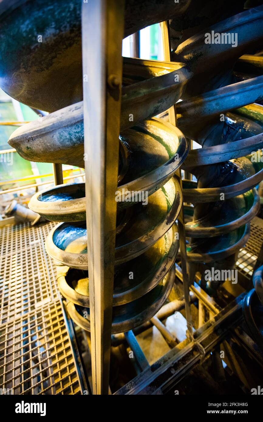 Gold ore mining and processing. Concentrating plant. Gravity spiral ...