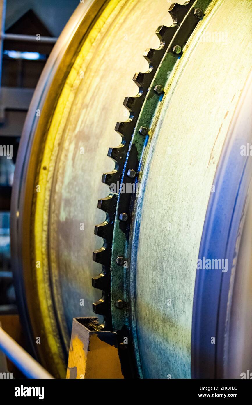 Close-up of gear teeth of ball mill (dressing mill). Gold ore ...