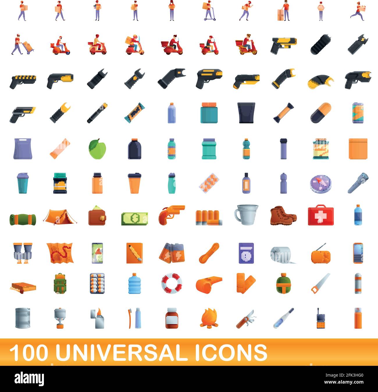 100 universal icons set. Cartoon illustration of 100 universal icons ...