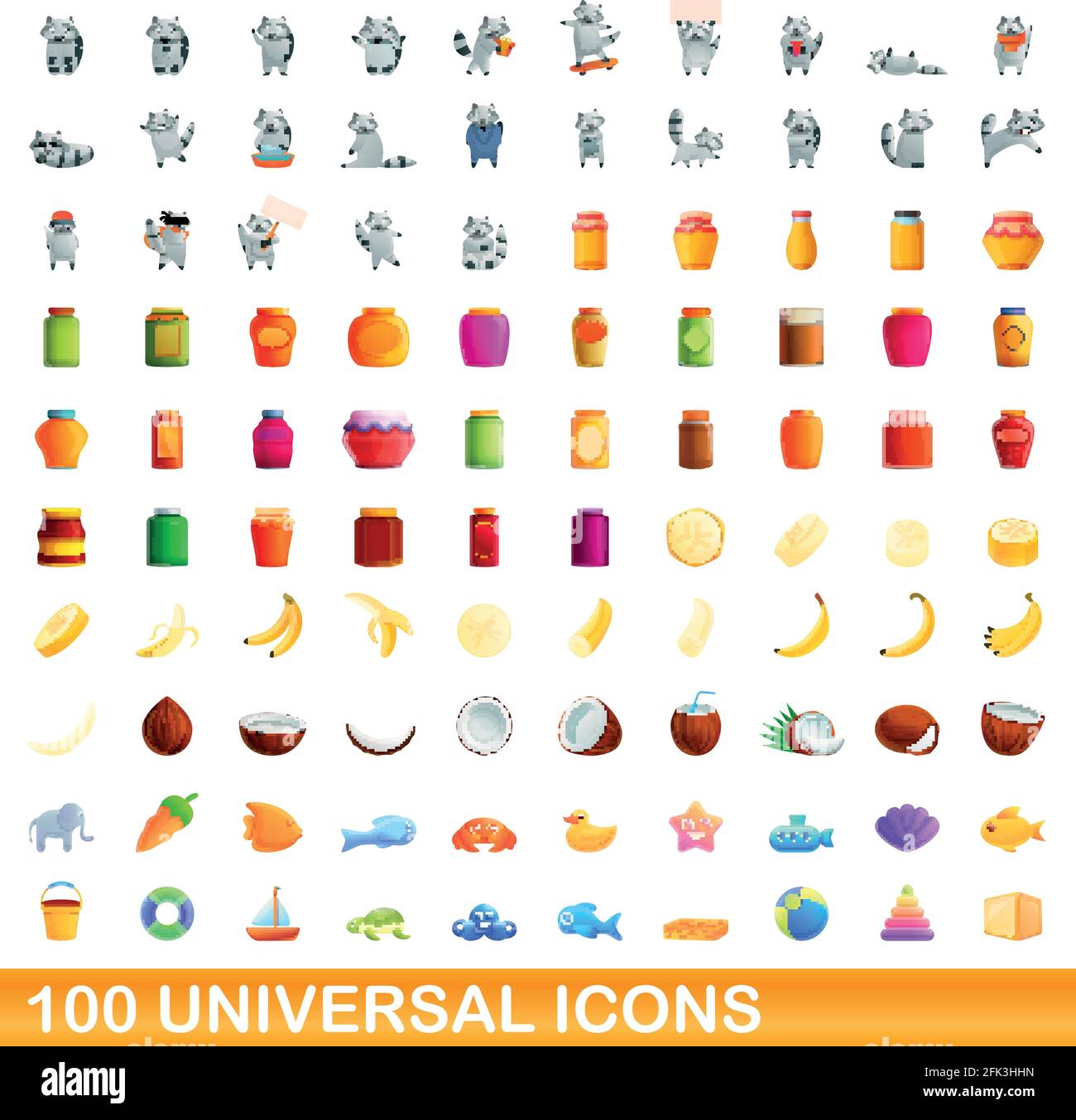 100 universal icons set. Cartoon illustration of 100 universal icons ...