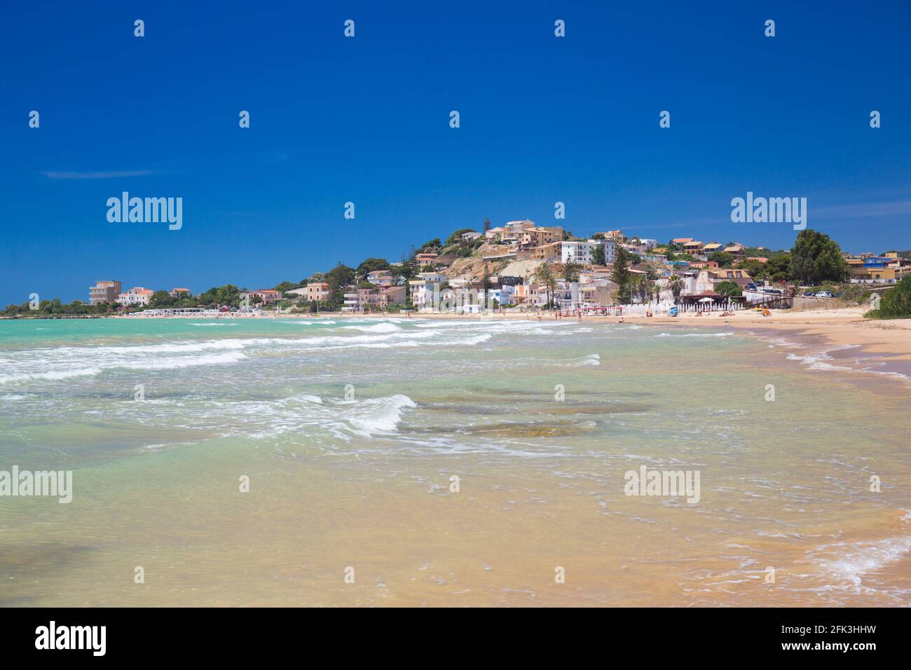 Realmonte, Agrigento, Sicily, Italy. View across bay from water's edge ...