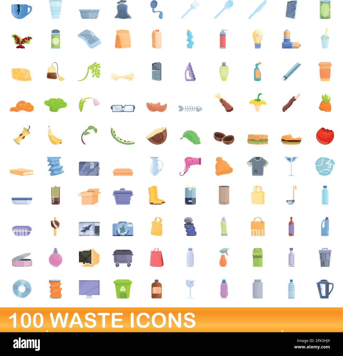 100 waste icons set. Cartoon illustration of 100 waste icons vector set ...