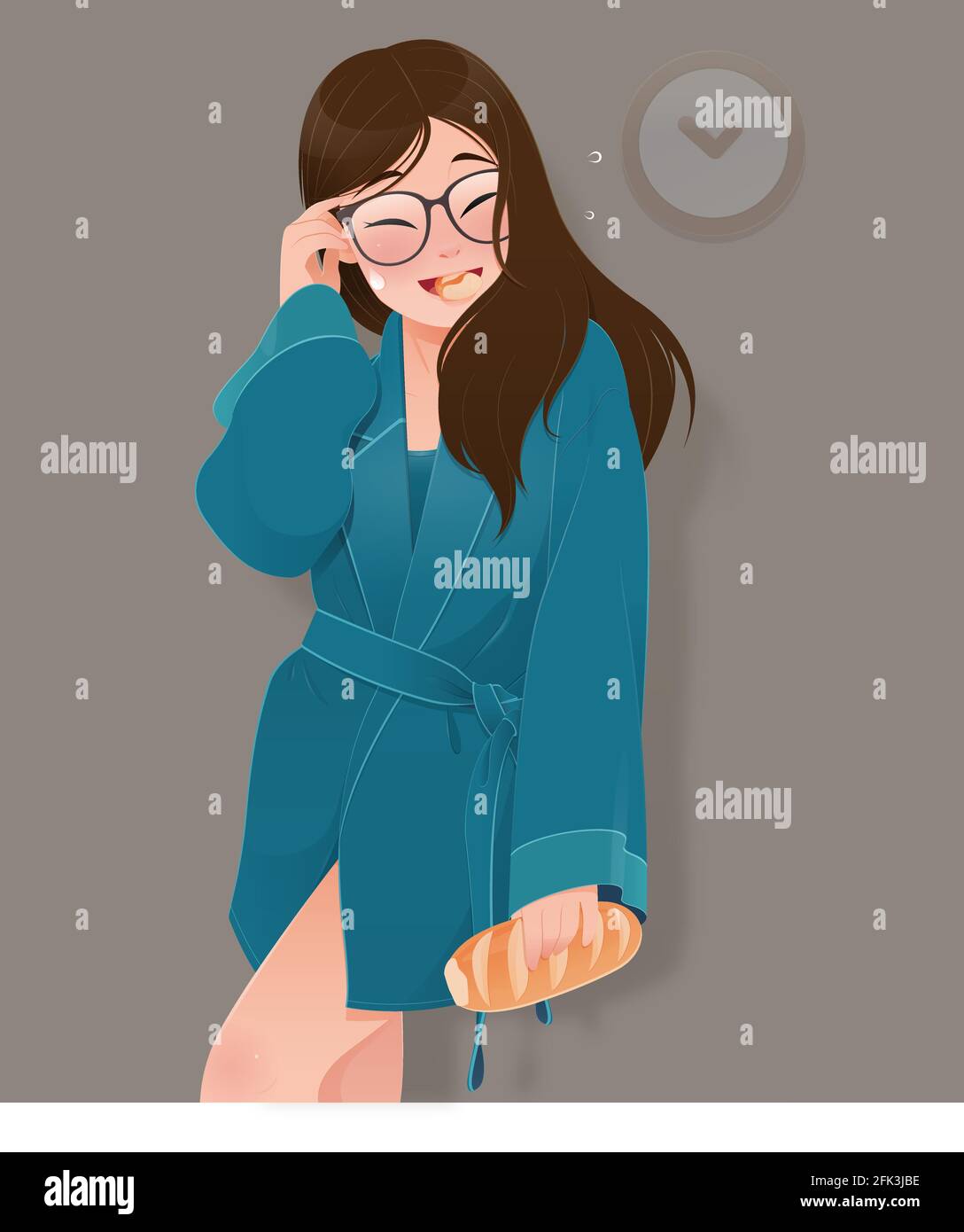 Illustration woman in green nightwear eating bread against the brown ...