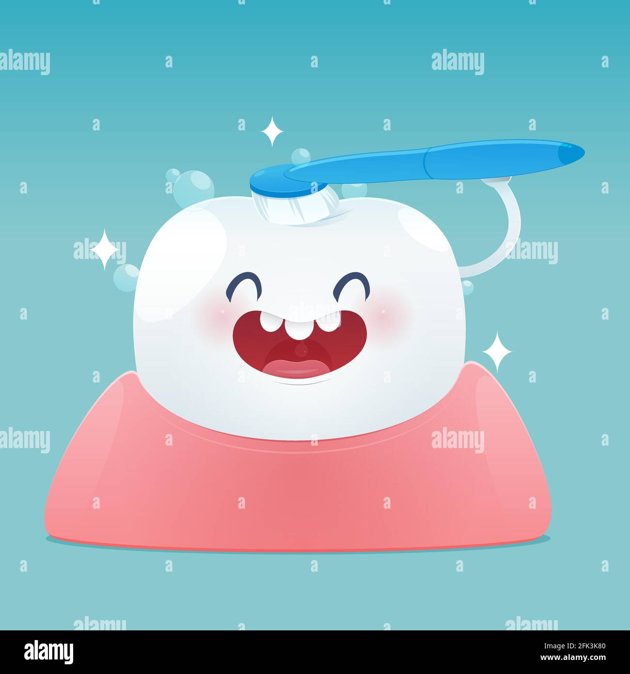 Cute cartoon teeth happy smile and brush the teeth cleaning on a blue ...