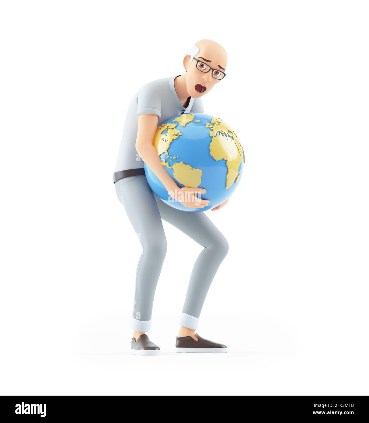3d senior man lifting heavy earth, illustration isolated on white ...