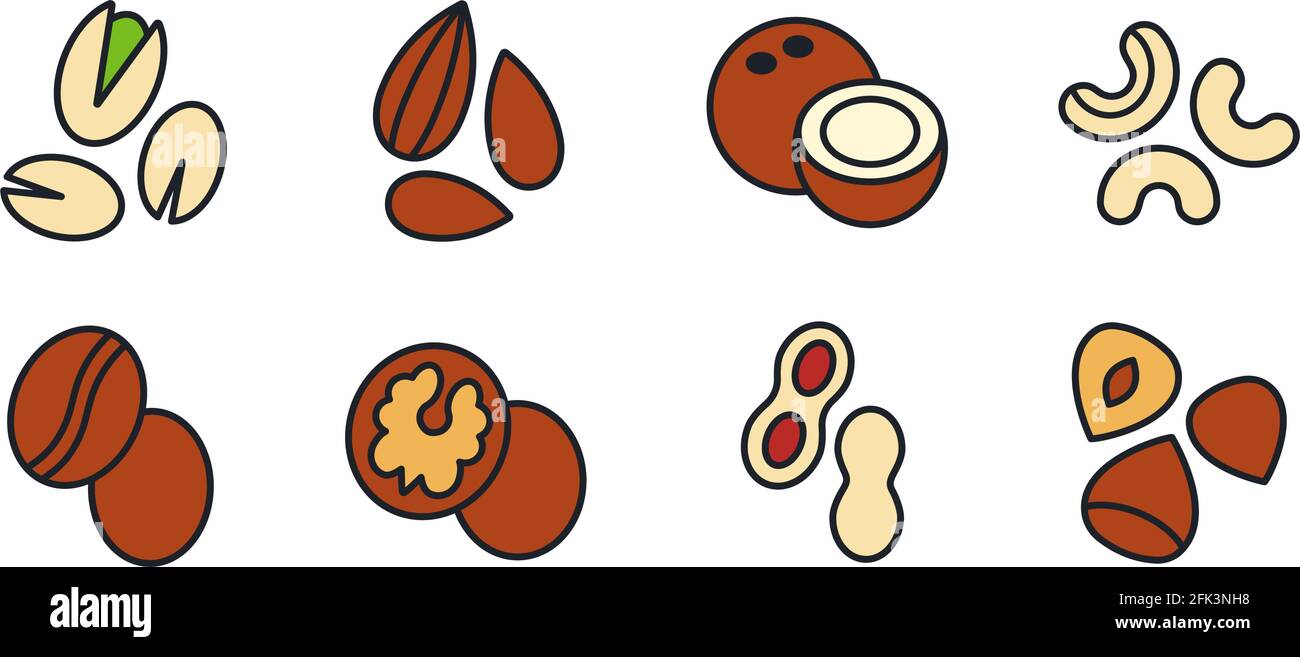 Nuts Icon Set Vector Linear Color Icon Of Nuts Contour Outline Isolated On White Almond