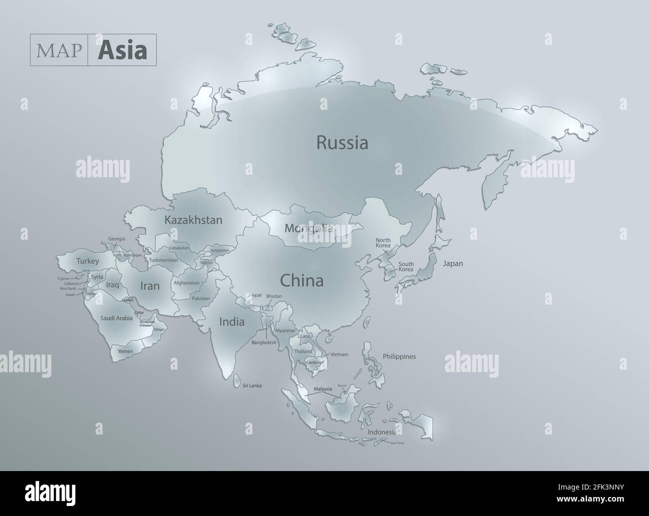 Asia map, separates states and names, design glass card 3D vector Stock ...